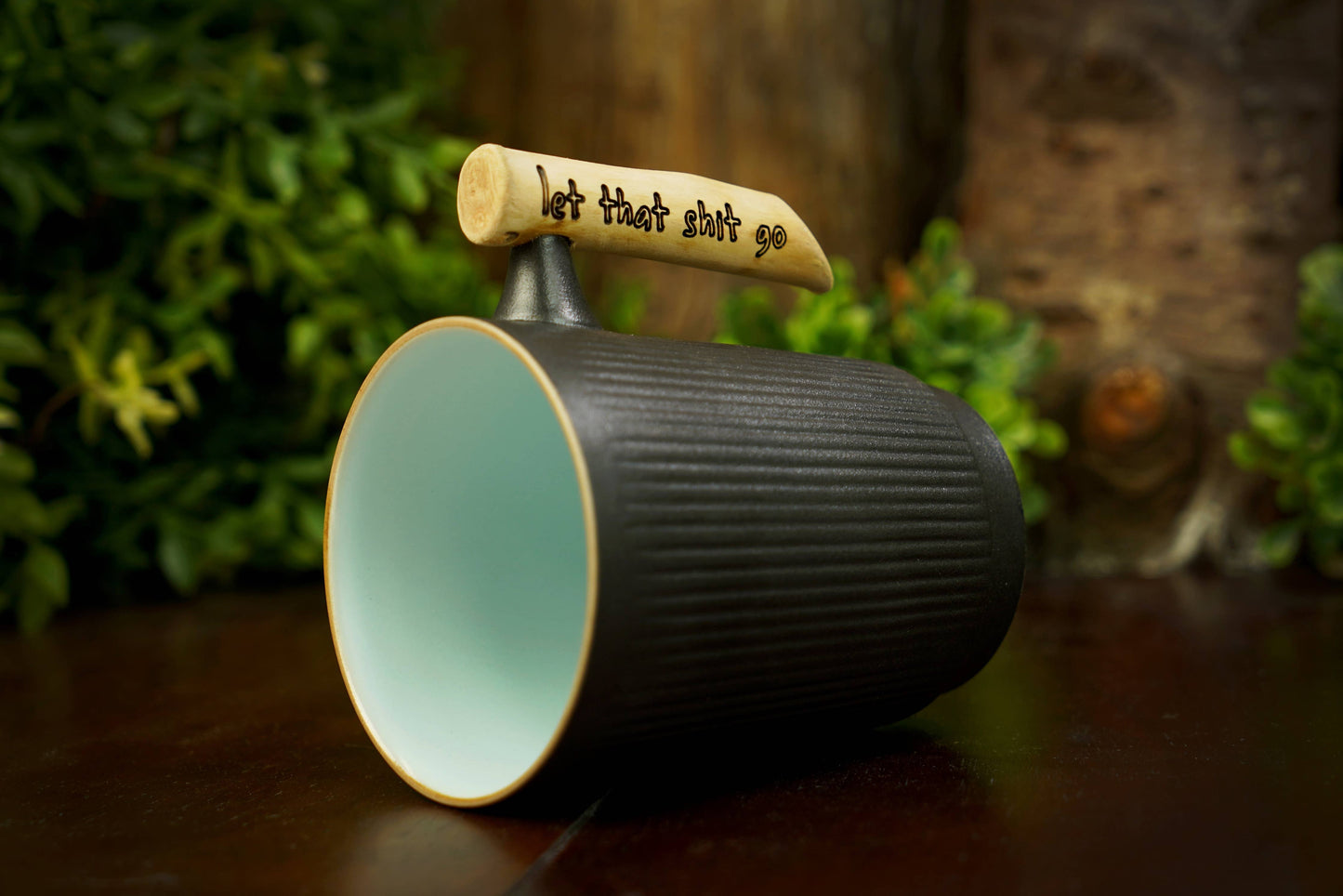 Ribbed Ceramic Charcoal Gray Mug with Wooden Handle – Beckman Gallery