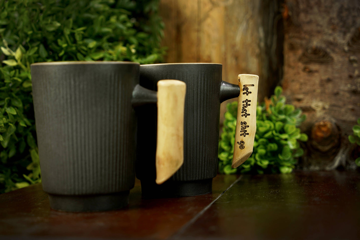 Ribbed Ceramic Charcoal Gray Mug with Wooden Handle – Beckman Gallery